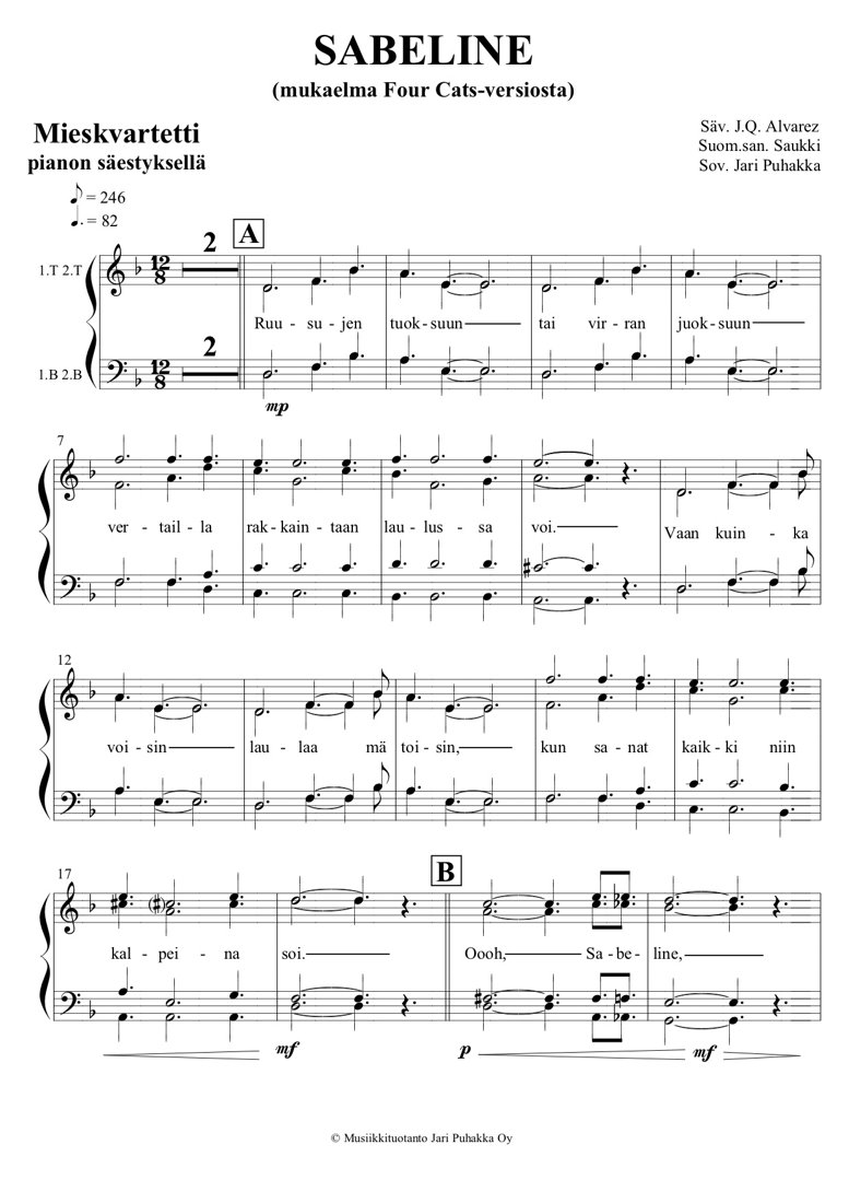 SABELINE (MIESKVARTETTI+PIANOSÄESTYS) — Musiikkituotanto Jari Puhakka ...